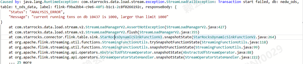 flink读取kafka写入sr主键表，运行一段时间后就会报错current running txns on db 10437 is 1000, larger than limit 1000 ...