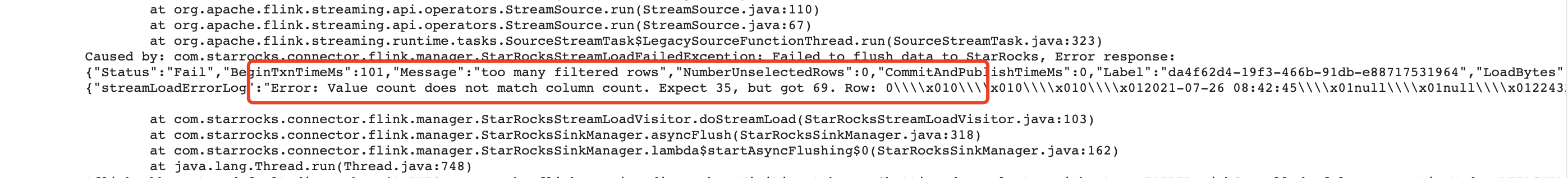 Streamload 导入数据失败报错: Error Value Count Does Not Match Column Count Expect 35 But Got 69 数据